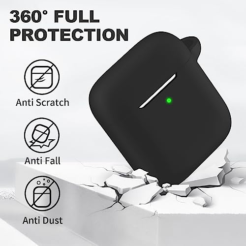 Foweroty for AirPods Case Cover with Cleaning Pen,Soft Silicone Protective Cover with Buckle for Women Men Compatible with Apple AirPods 2nd 1st Generation Charging Case, Front LED ,Black