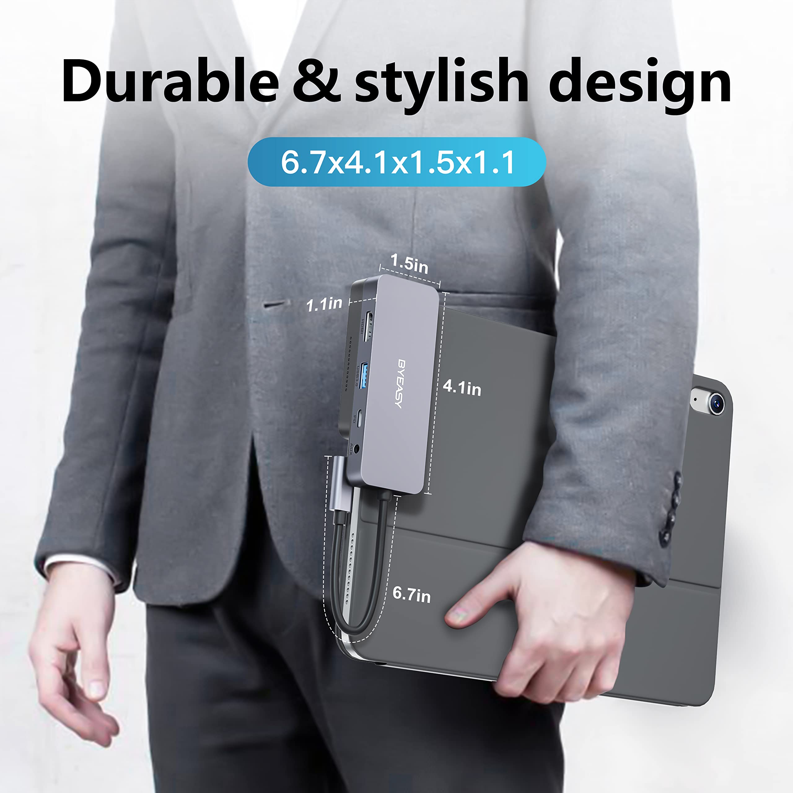 BYEASY iPad Pro USB C Hub for iPad Pro 2021 2020 2019 2018 12.9/11 inch with Docking Stations with 4K HDMI, USB 3.0, PD 100W Charging, SD/Micro Card Reader and 3.5mm Headphone Jack (6 in 1)
