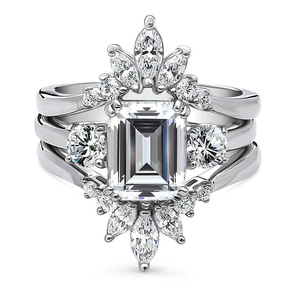 BERRICLE Sterling Silver 3-Stone Wedding Engagement Rings Emerald Cut Cubic Zirconia CZ 7-Stone Ring Set for Women, Rhodium Plated Size 7