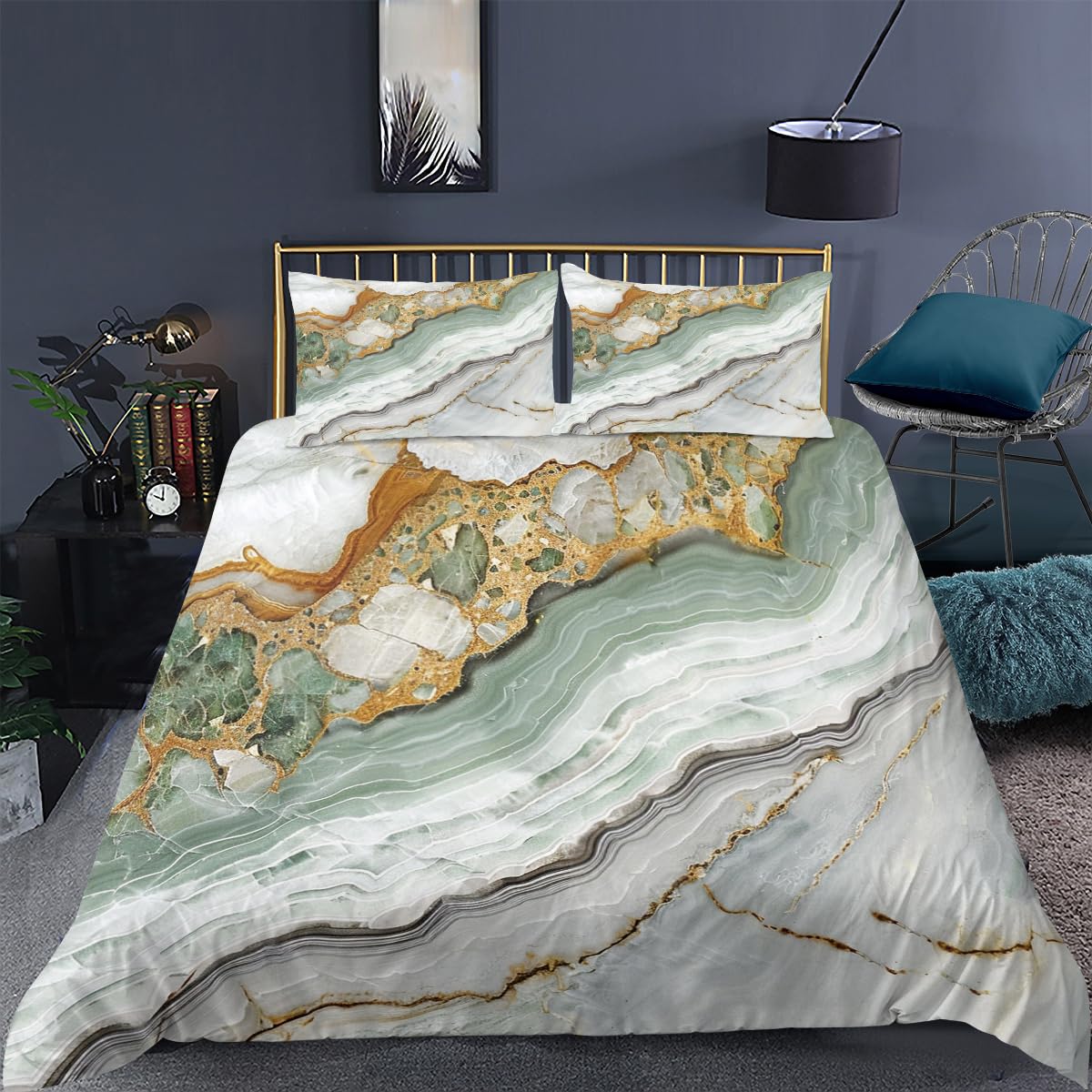 CCoutueChen Sage Green Marble Duvet Cover Queen Size Gold Foil Print Comforter Bedding Set Green White Marble Duvet Covers Set Modern Abstract Comforter Cover with 2 Pillowcases(Girls Women Adult)