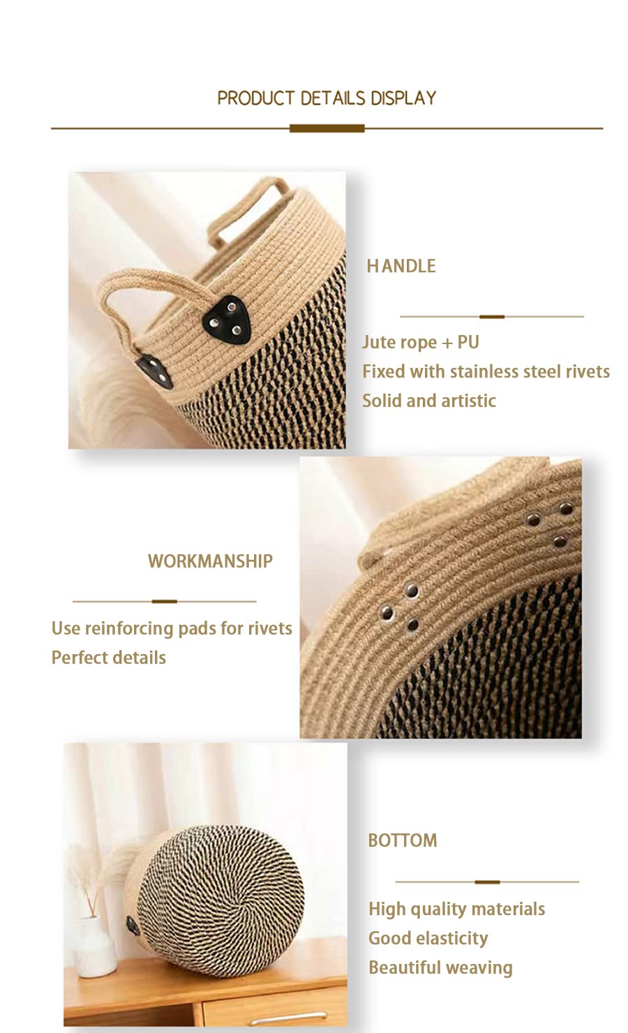 DOUBLE POMELO - Shelf Basket Jute Basket Woven Basket for Comforter Cushions Blanket Basket Toy Basket with Handle Laundry Hamper with Handle Brown and Black (11'' x 11'')