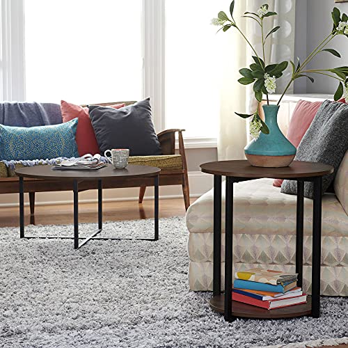 Household Essentials Jamestown Round Coffee Table Mid Century Walnut Wood Grain and Black Metal
