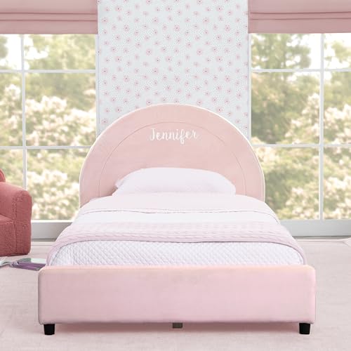 Delta Children Personalized Upholstered Twin Size Bed with Round Headboard, Premium Wood Slat Support, No Box Spring Needed, Easy Assembly, Pink/Velvet Piping