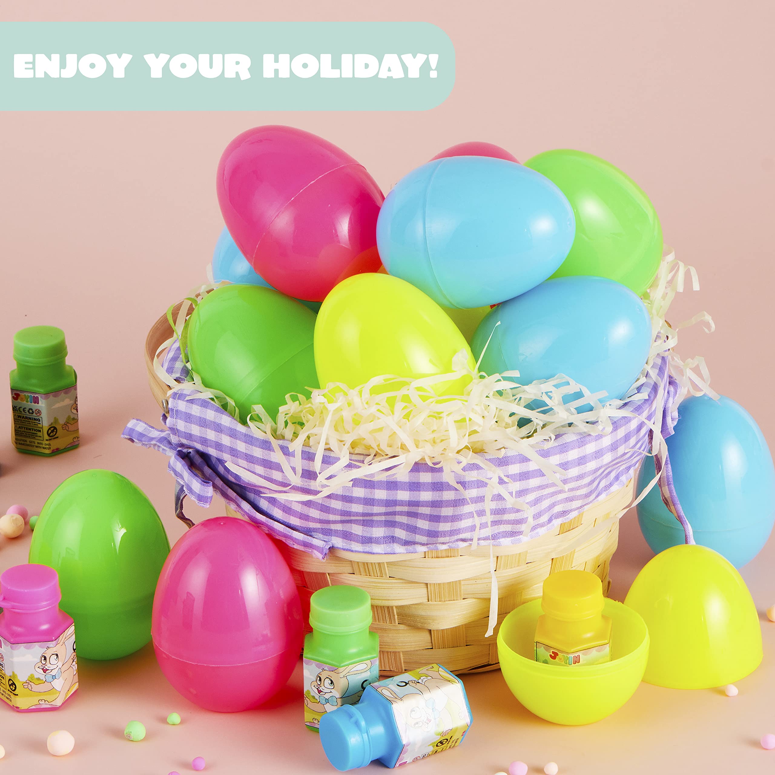JOYIN 24 Pcs Prefilled Easter Eggs with Bubble Wands for Kids Basket Stuffers, Easter Decorations, Easter Children Fun, Egg Hunt Game, Easter Décor Gifts and Party Favors, 3.15"
