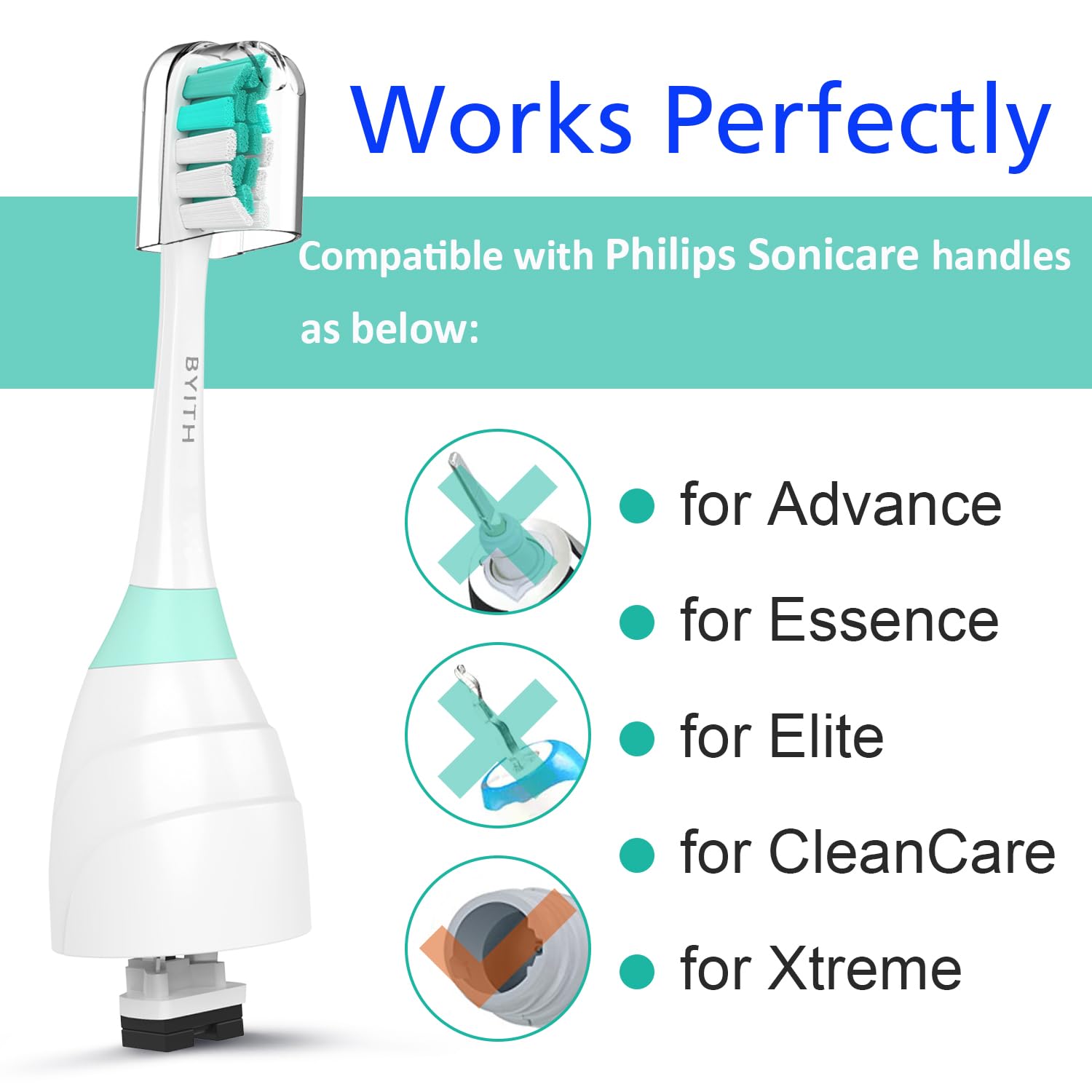BYITH Replacement Brush Heads Compatible with Sonicare E-Series Toothbrush HX7022/66, Essence, Xtreme, Elite, Advance and CleanCare Screw-On Handles, 4 Pack