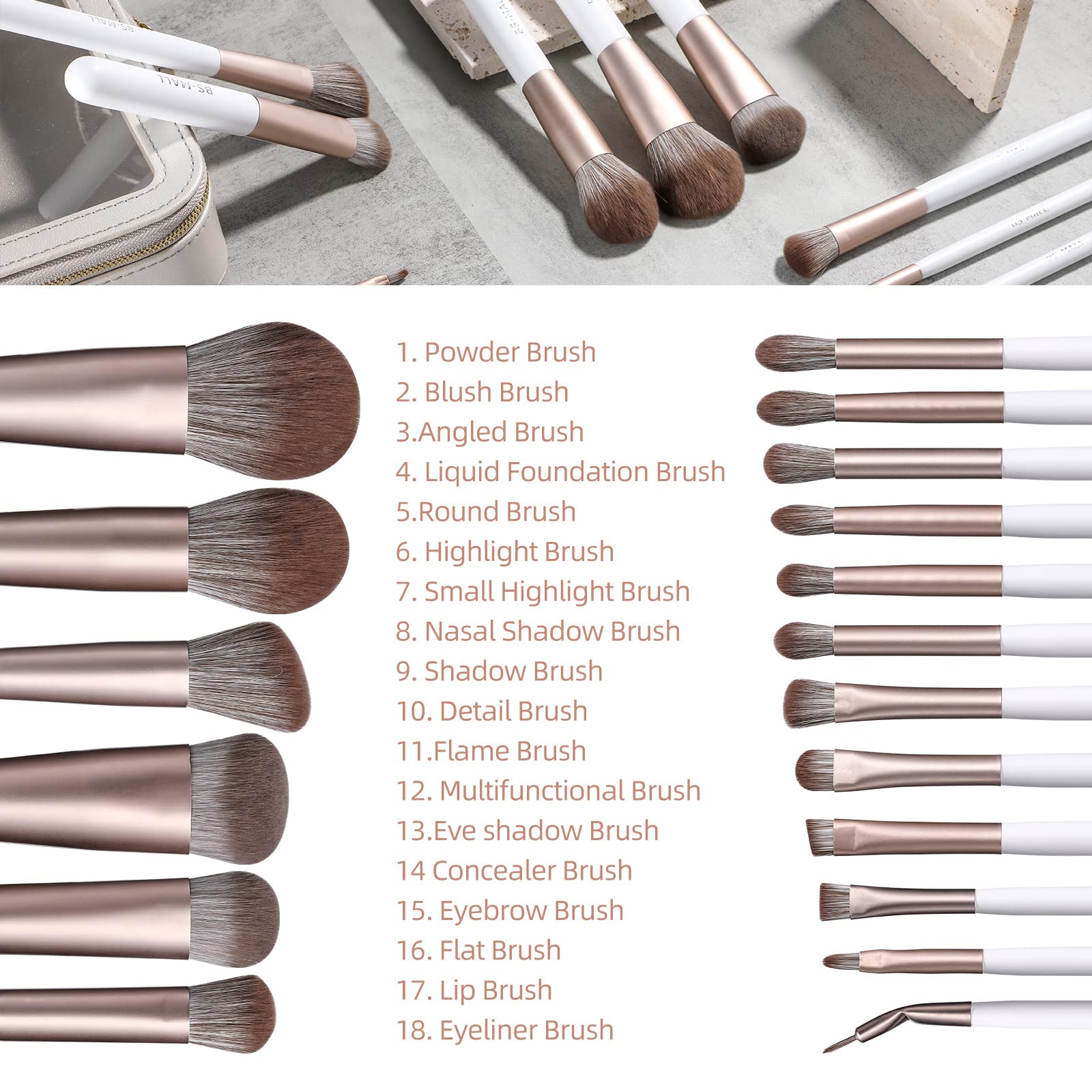 BS-MALL Makeup Brushes18 Pcs Premium Synthetic Powder Foundation Blush Contour Concealers Lip Brushes with Brush Holder Package for Gift （White)