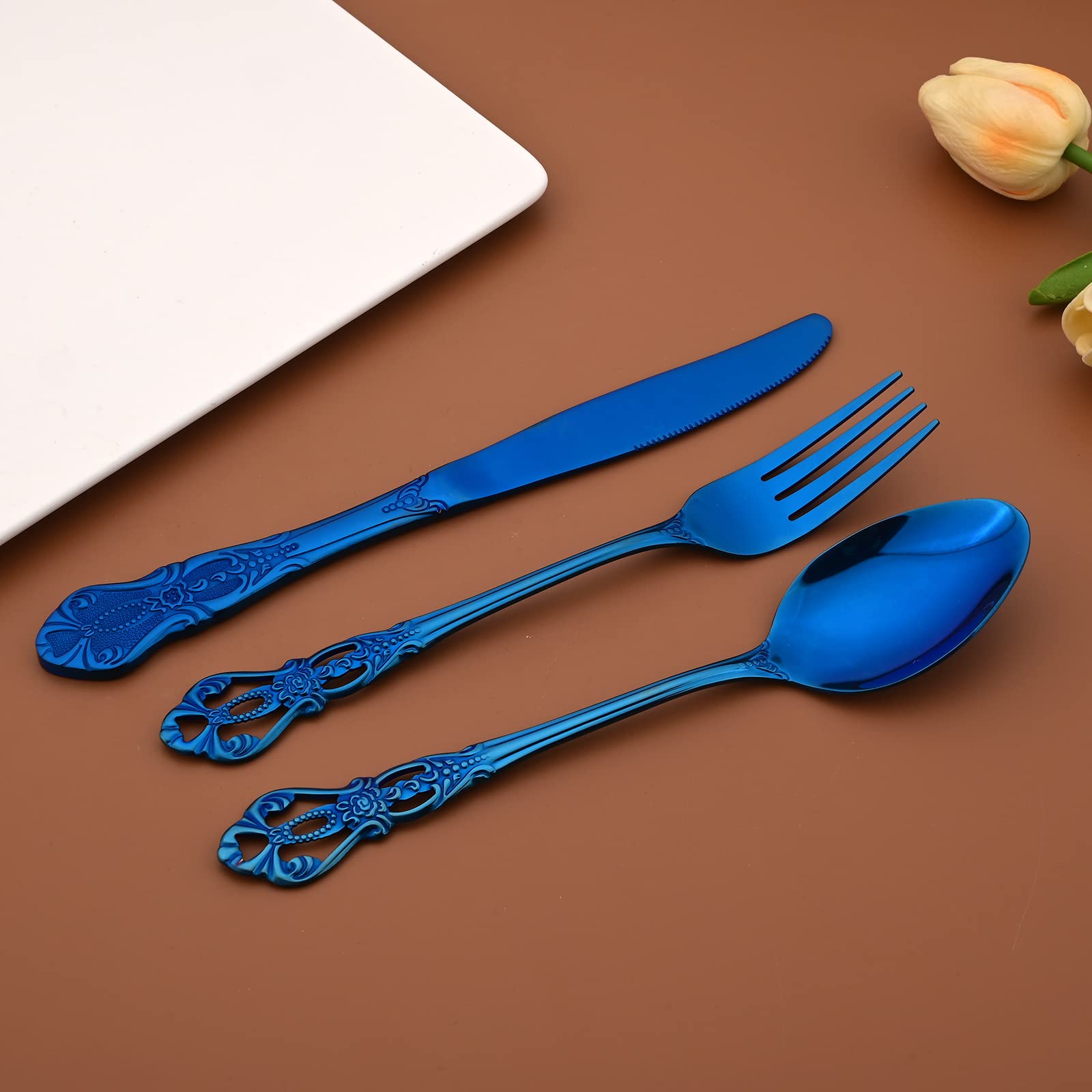 Snplowum Royal 24-piece Blue Mirror Silverware Dinnerware, 18/10 Stainless Steel Luxury Flatware Service For 6 Include Knives/Forks/Spoons/Teaspoons, Dishwasher Safe