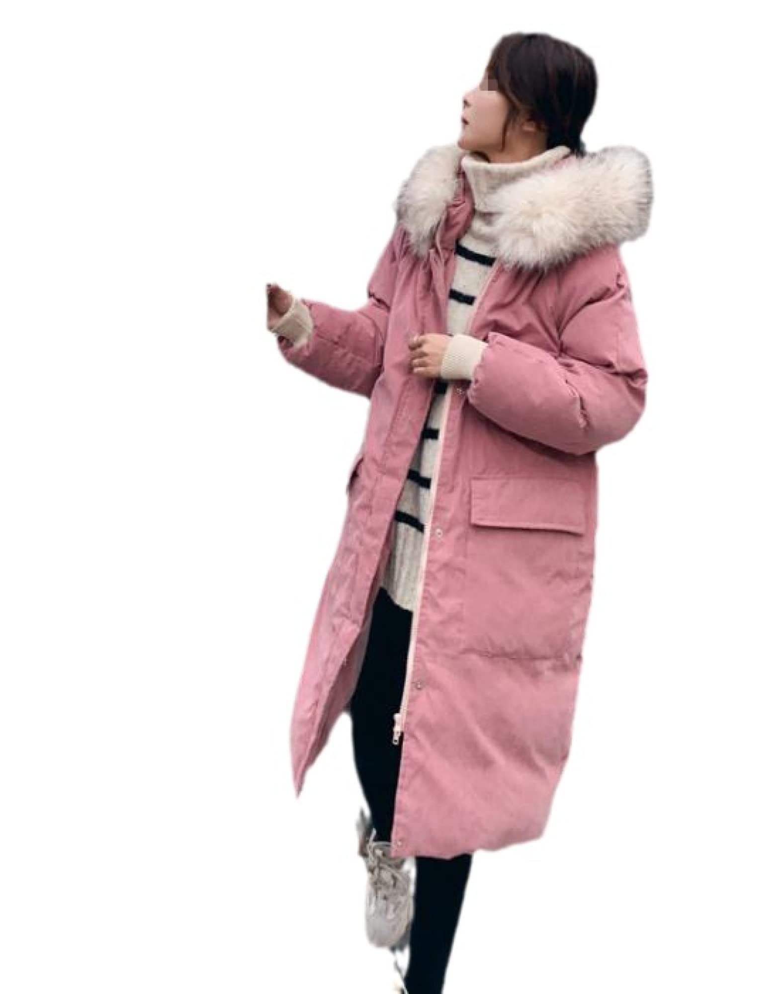 BLFYQB Female Cotton Corduroy Winter Nagymaros Collar in The Long Section Thicken Hooded Jacket Coat Students Soft and Comfortable/Pink/L