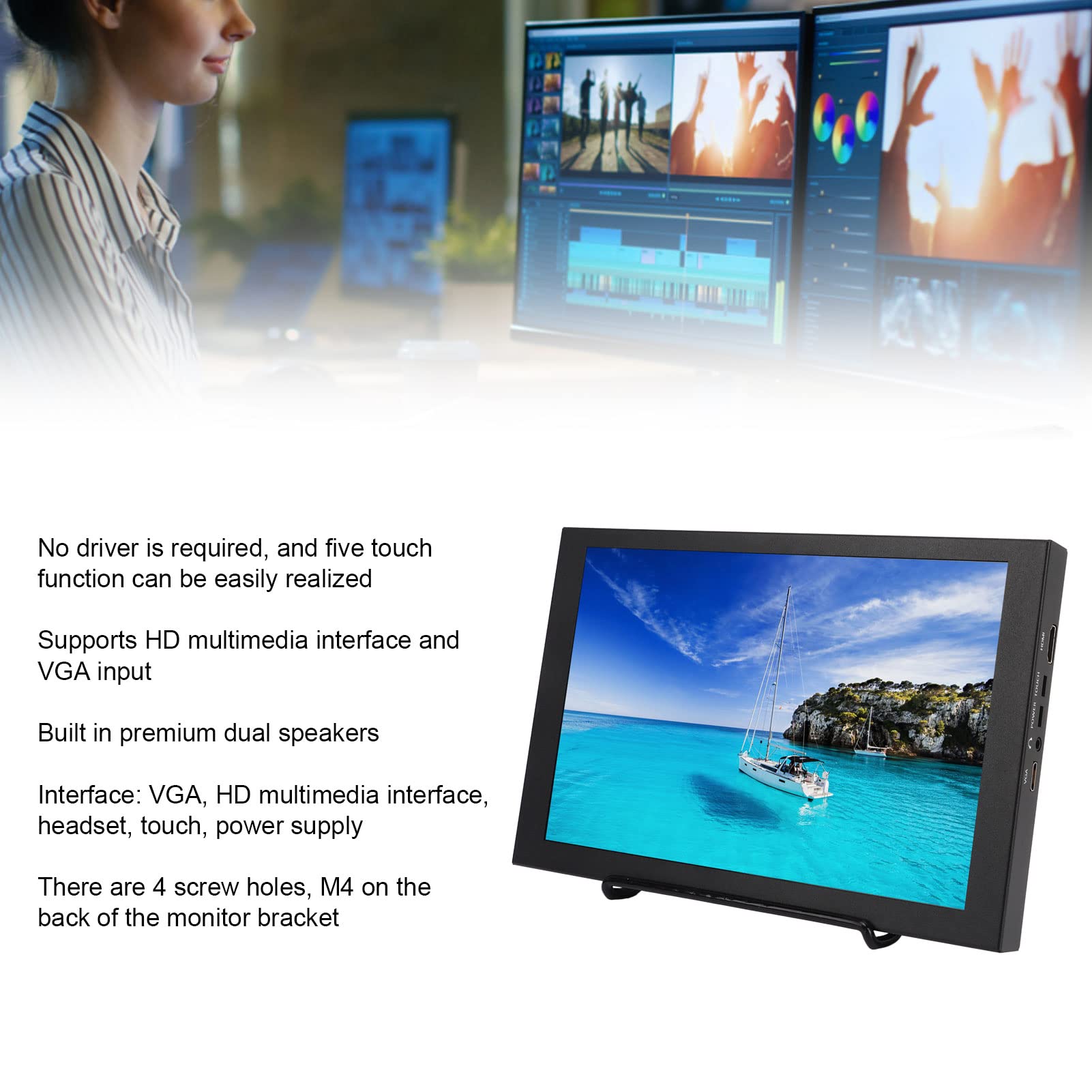 CCYLEZ 10.1in Capacitive Display, 1280x800 HD Portable Touch Screen Monitor with M4, Menu Function, Built in Speaker, Support HD Multimedia VGA Interface for Home Car Bedroom