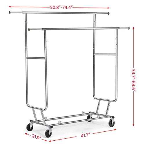 Yaheetech Commercial Clothing Garment Rack, Heavy Duty Double Rail Clothes Rack, Rolling Collapsible Rack Hanger Holder, Extendable Clothes Hanging Rack, Silver