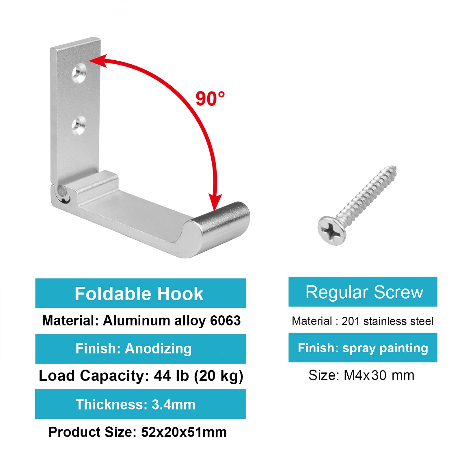 heneng 10 Pack 2" Silver Folding Coat Hook with Screws, Aluminium Alloy Foldable Hooks No Rust Wall Mounted for Keys, Towel, Hat, Bags, Headphones Holder, Headset Wall Hanger, Max.Load 44lb.
