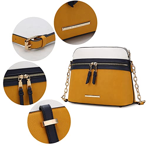MKF Crossbody Bag for Women – PU Leather Pocketbook Handbag – Designer Side Messenger Purse, Shoulder Crossover Mustard Navy
