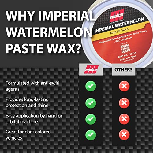 Malco VOC Compliant Imperial Paste Wax, Watermelon Scent β Creates High Gloss Finish/Provides Durable Protection/Premium Wax for Use on Fiberglass, Gel Coat and Painted Finishes / 14 Oz. (125214)