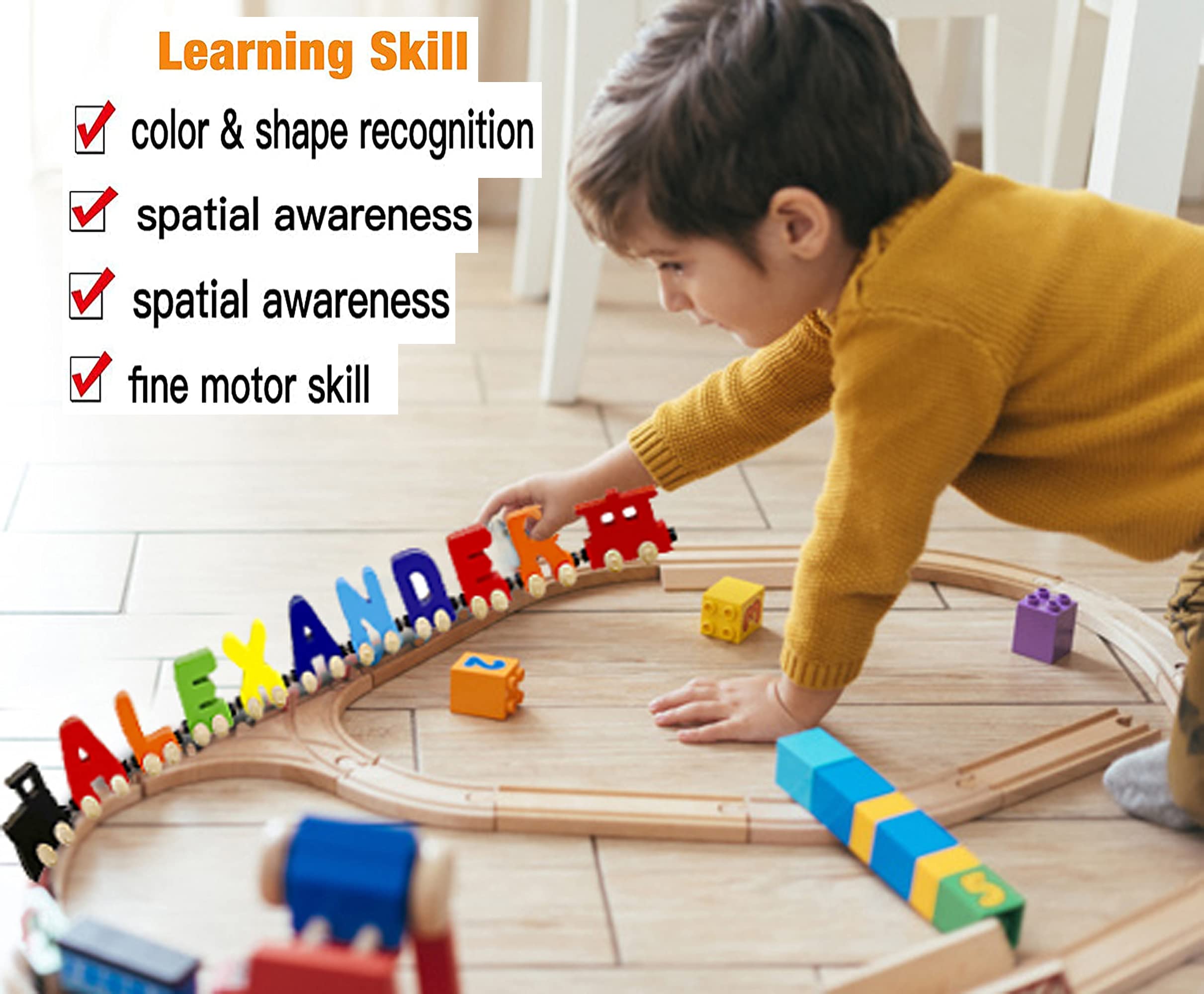 Educational Toy Name Wooden Trains Puzzle for Kids Educational Toy 3 inch Each Letter- Learn Play & Display Kids Room Gift for All Ages 1 2 3 4 5 6 Years Old