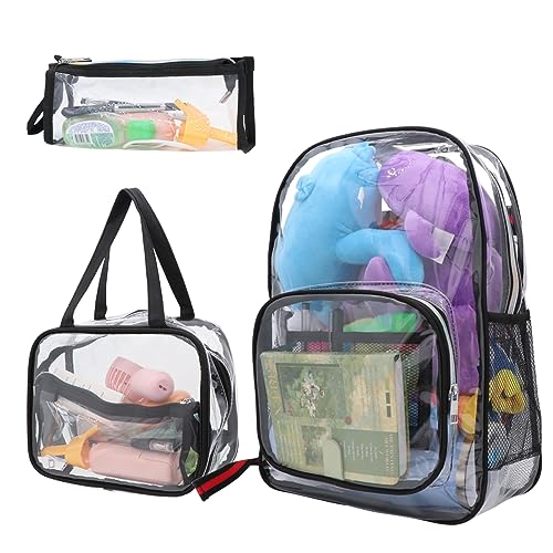 DZLUSJ 3Pcs Clear Backpack Set With Lunch Bag Pencil Case Pouch Heavy Duty Thick PVC Transparent Backpack for Kids and Fans Back to School Supplies(Black)