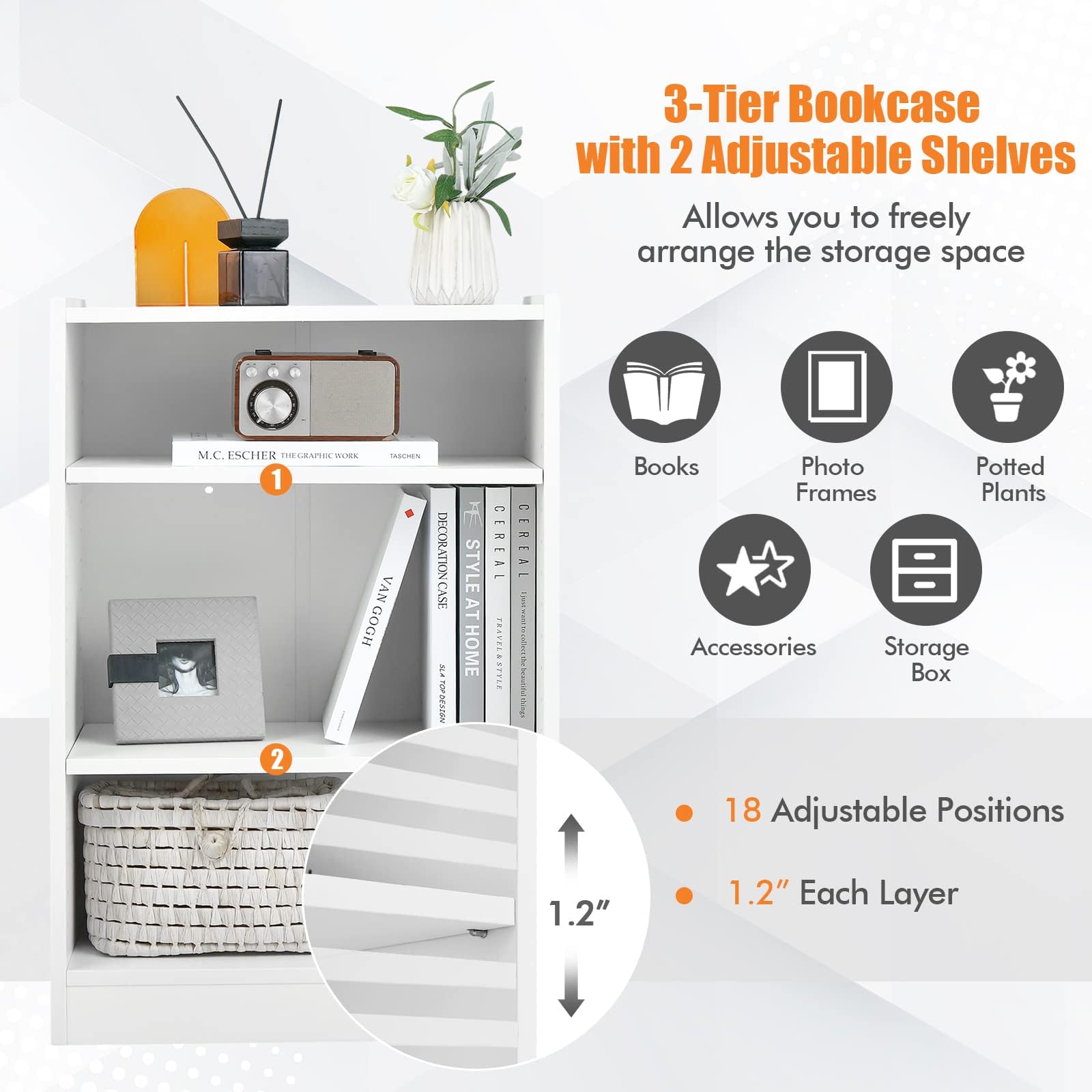 Byroce 3-Tier Bookshelf, Small Bookcase with 18 Positions Adjustable Shelves, 29.5β Modern Display Shelves, 3 Cube Storage Organizer for Home, Office & School (2, White)