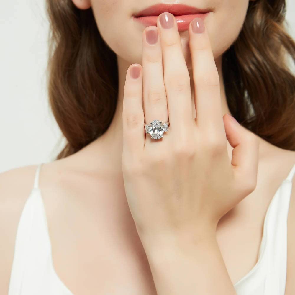 BERRICLE Sterling Silver 3-Stone Wedding Engagement Rings Oval Cut Cubic Zirconia CZ Statement Cocktail Anniversary Ring for Women, Rhodium Plated Size 7
