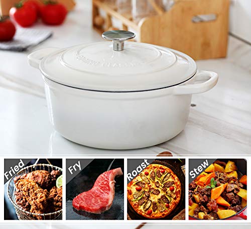 EDGING CASTING Cast Iron Dutch Oven With Lid Round Pot Enameled Covered, 7 Quart, White