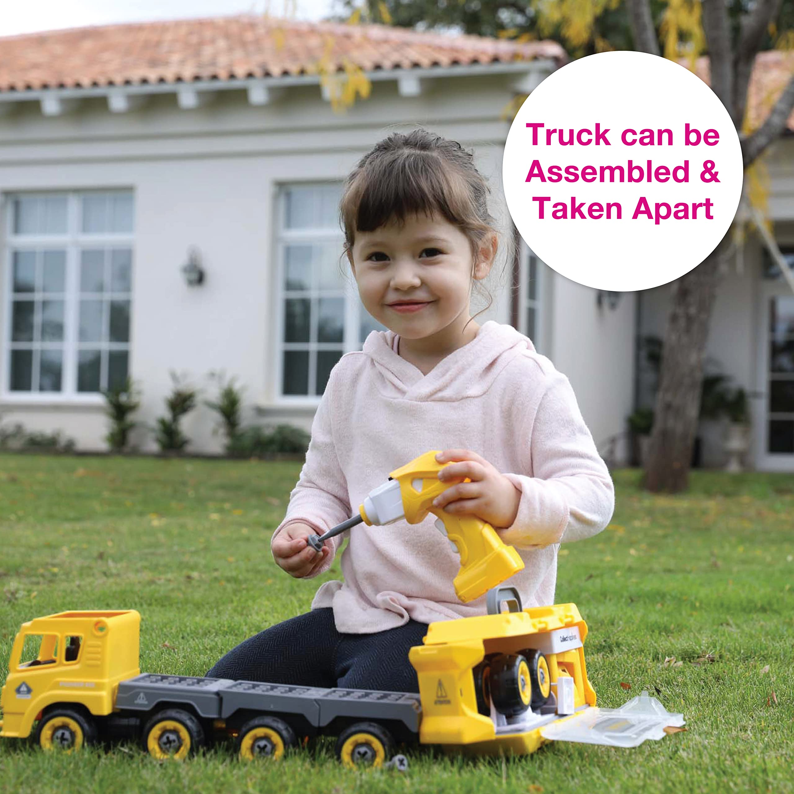 Edushape Remote Control Take Apart, Construction Truck, Assemble, Take Apart, Rebuild, And Drive Use The Powered Drill For All 31 Toy Parts - Includes Lights, Sound & Toy Drill DIY Fun - STEM Learning, Yellow (408014)