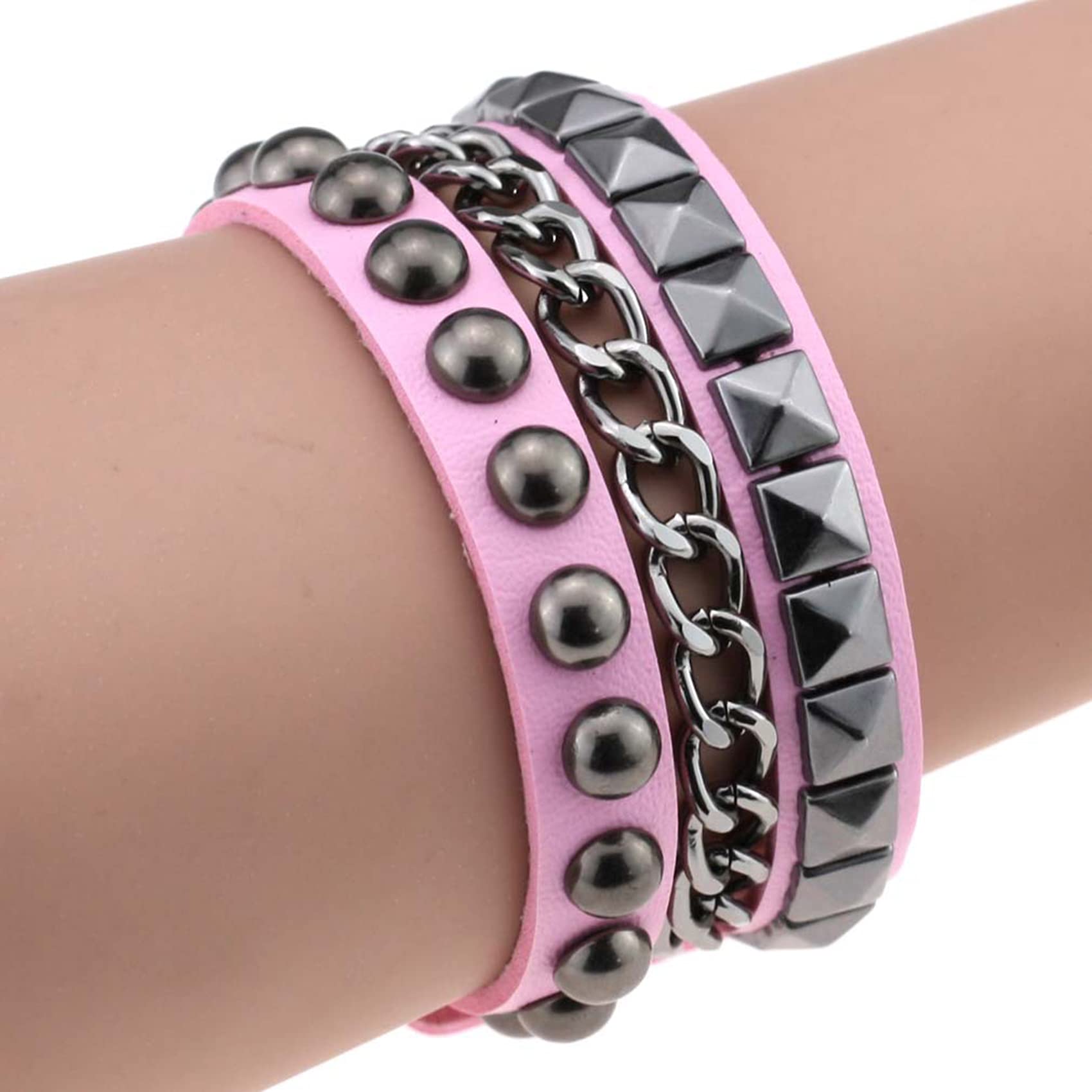 Bayetss Multilayer Bracelet Leather Bangle Studded Punk Bracelet Unisex Rivet Bracelet Adjustable Gothic Bracelet for Party,Pink