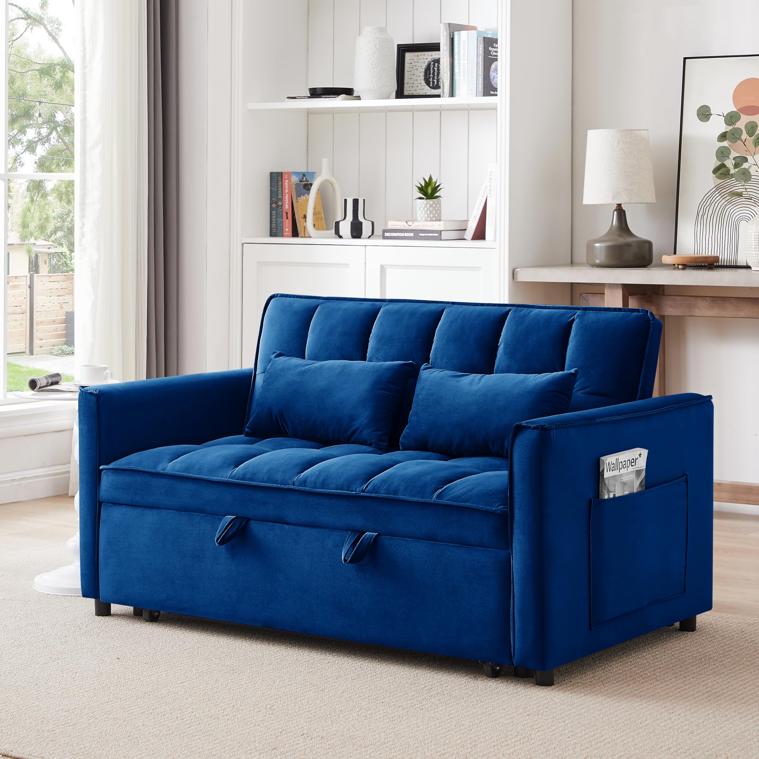 DESIGNER97 Modern 55.5" Pull Out Sleep Sofa Bed Velvet 2 Seater Loveseats Sofa Couch with Side Pockets, Adjsutable Backrest and Lumbar Pillows for Apartment Office Living Room Beige