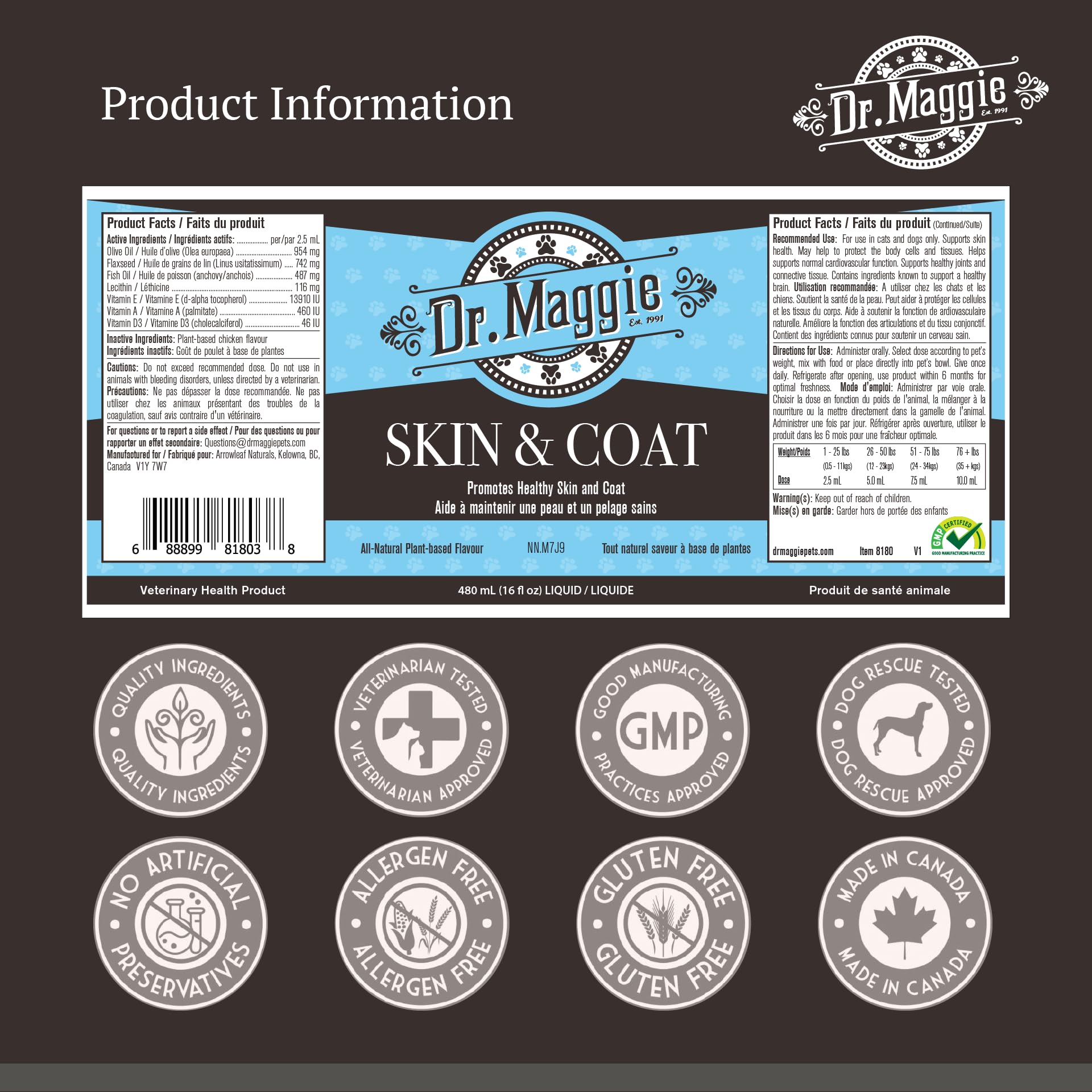 Dr. Maggie Skin and Coat | Omega 3 Supplement with Fish Oil, Flax, and Olive Oil | 480 ml