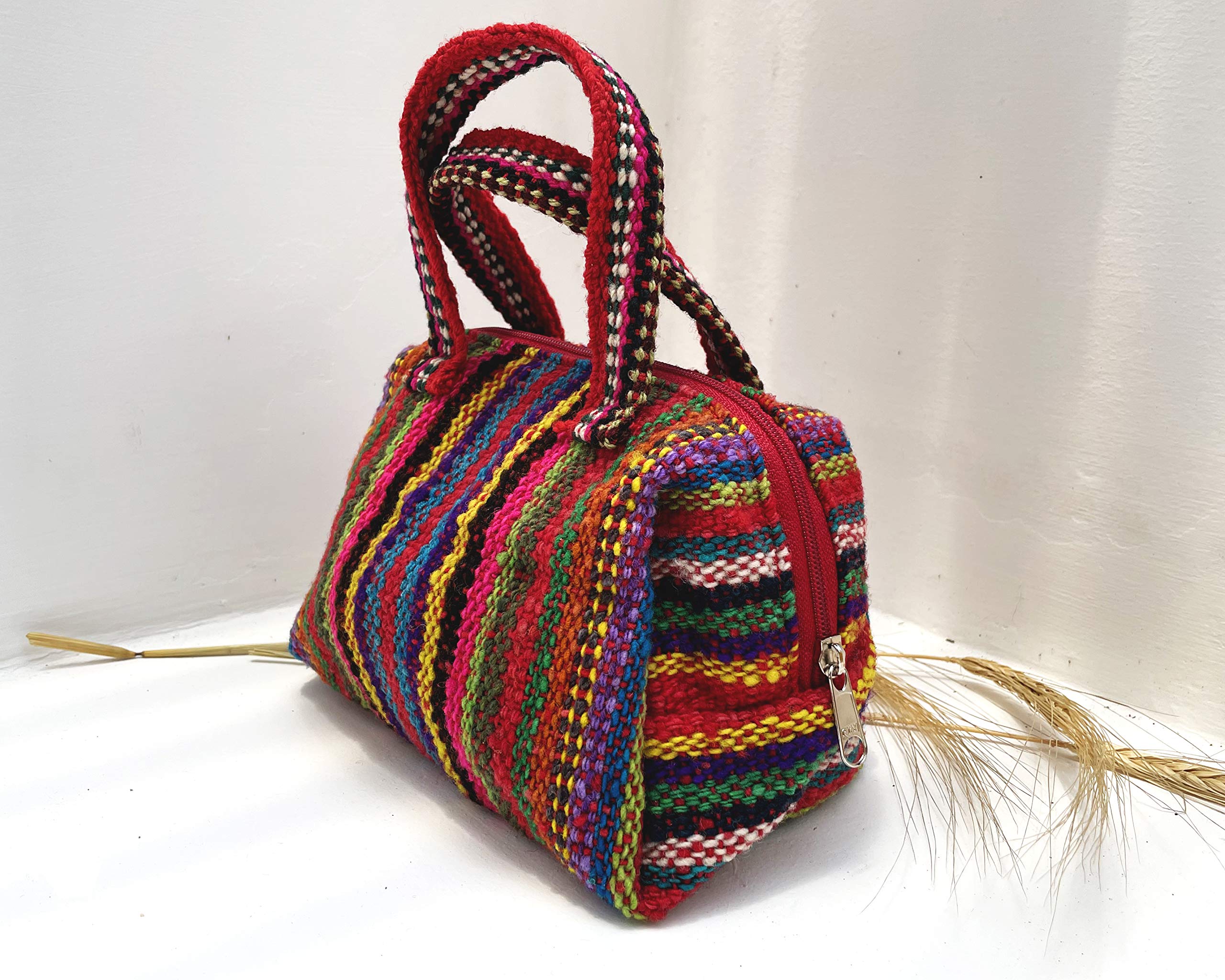 TINKUY PERU Woven Purse, Multicolored Rainbow Handmade Purse, Peruvian Boho Chic Bag Small Handbags For Women, (Red)