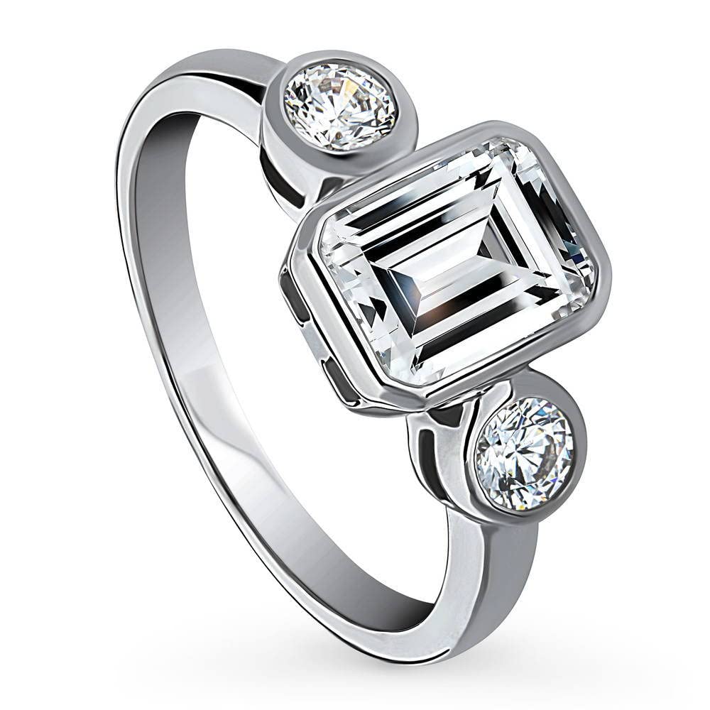 BERRICLE Sterling Silver 3-Stone Wedding Engagement Rings Step Emerald Cut Cubic Zirconia CZ Anniversary Promise Ring for Women, Rhodium Plated Size 8
