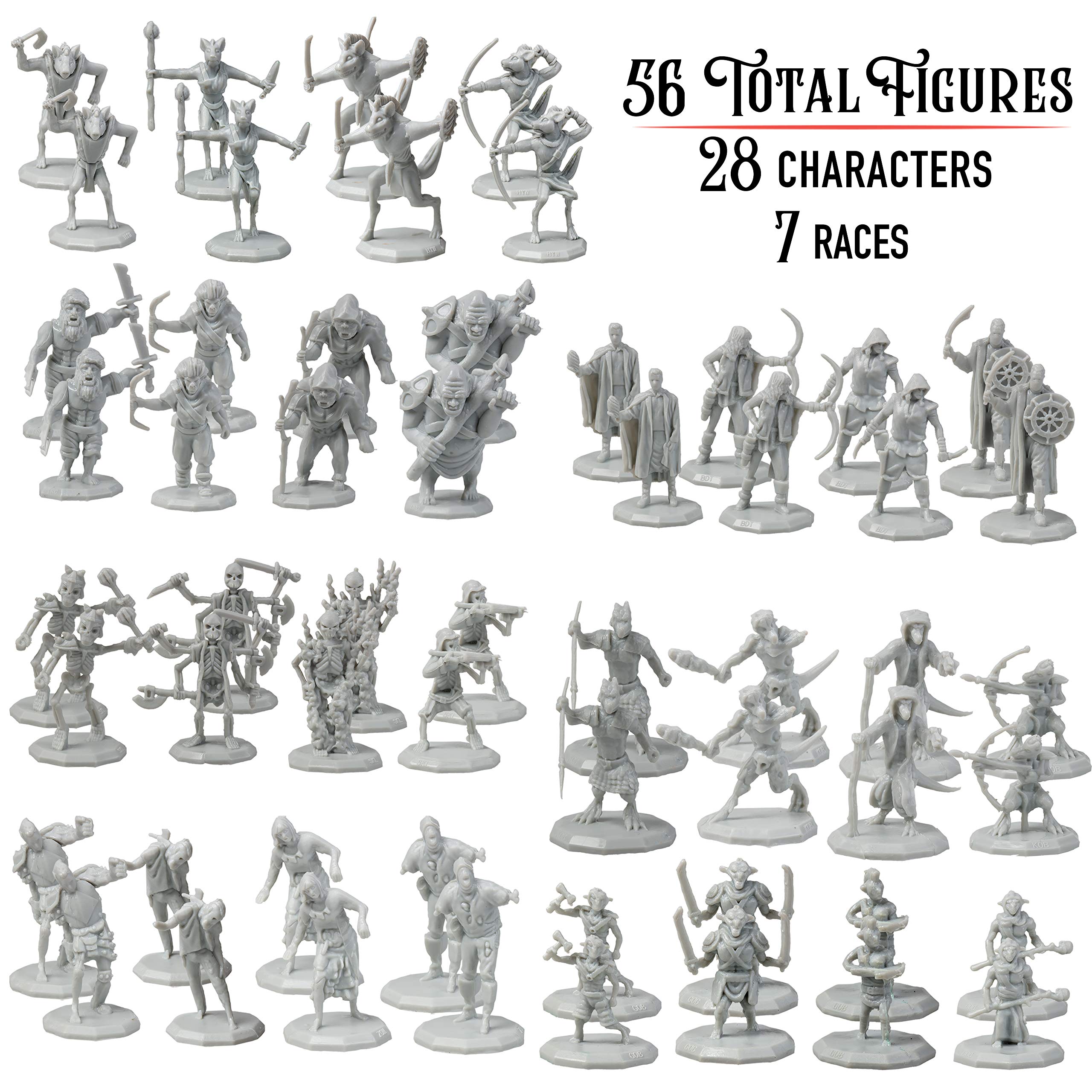 Monster Protectors 56 Unpainted Fantasy Mini Figures- All Unique Designs- 1" Hex-Sized Compatible with DND Dungeons and Dragons, Pathfinder and RPG Tabletop Games- Features Goblins, Gnolls, Skeletons
