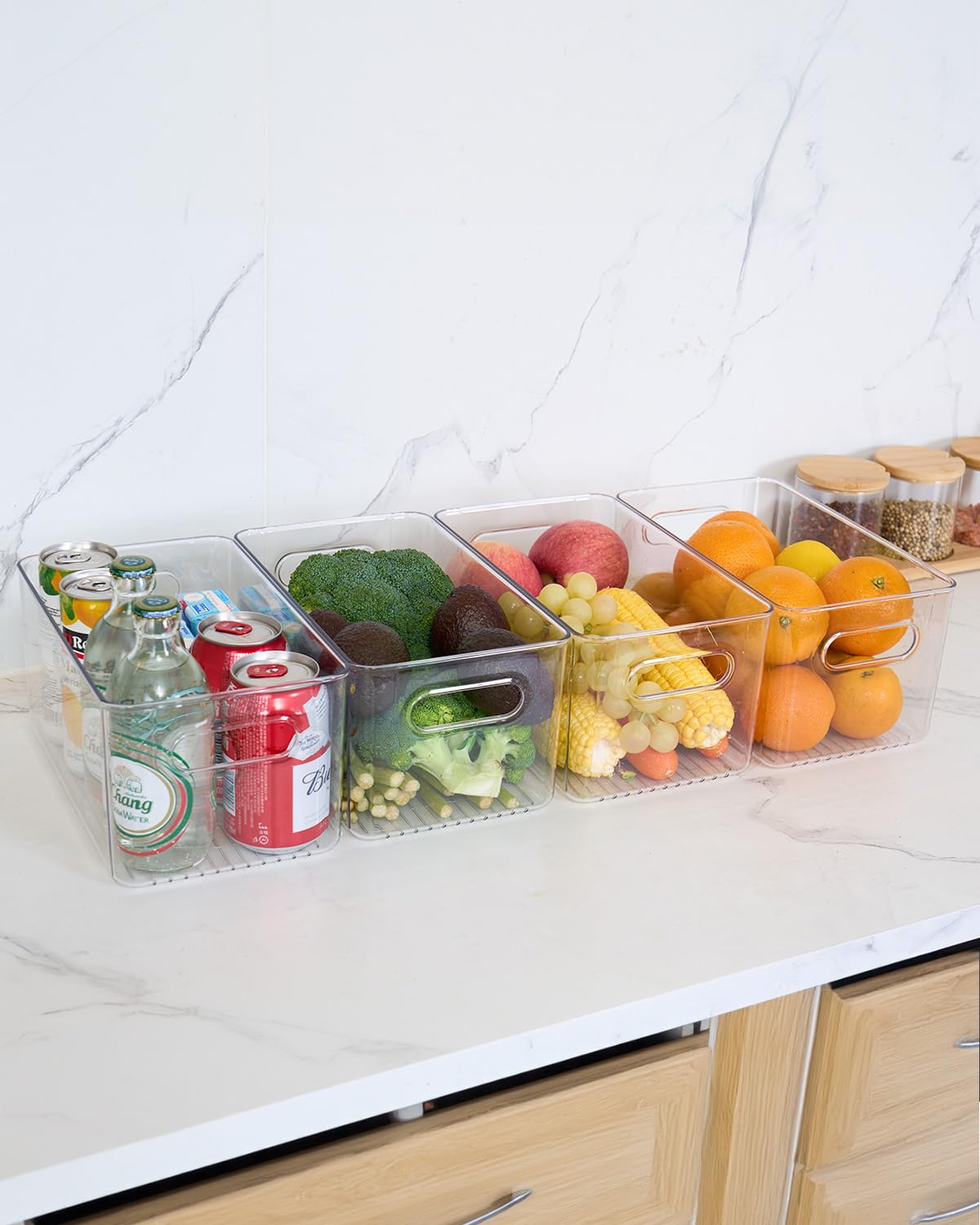 Chikit 4 PCS Clear Plastic Storage Bins, Refrigerator Organizer Bins with Handles, Pantry Organizer Bins for Food, BPA-Free Fridge Organizer for Fridge, Freezer, Kitchen, Cabinet, Pantry, 10" Long