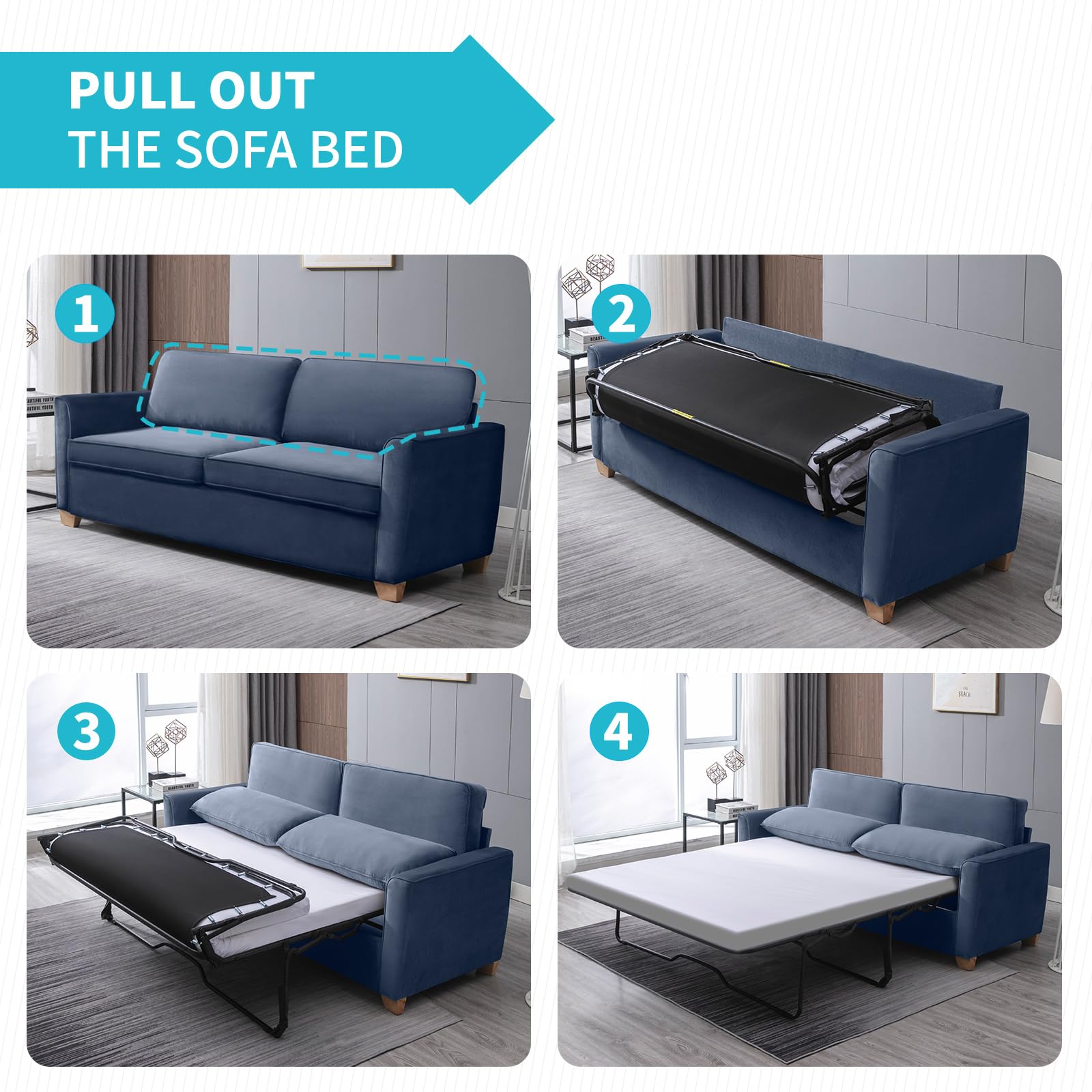 CECER Queen Size Pull Out Sofa Bed, 2-in-1 Loveseat Sleeper Sofa with Foldable Mattress, Upholstered Velvet Convertible Sleeper Couch Bed for Living Room, Apartment, Office-Blue