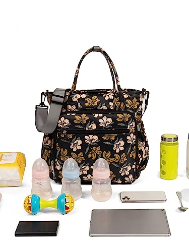 MEYTEILAY Diaper Bag Tote Baby Changing Bag Portable Waterproof Splashproof and Large Capacity with Shoulder Strap Stroller hooks(Flower Black)