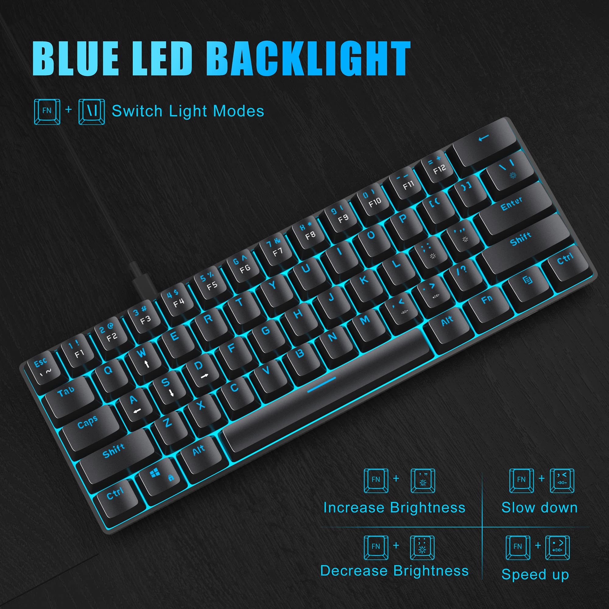 MageGee MK-Mini 60% Mechanical Gaming Keyboard, 61 Keys TKL Compact Gaming Keyboard with Blue Switches, Portable Blue LED Backlit USB Type-C Wired Office Keyboard for PC Laptop Computer, Black