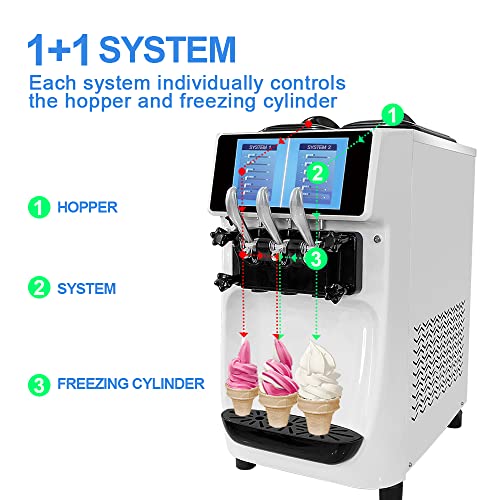 GSEICE Commercial Ice Cream Maker Machine, 10 Inch LCD Touch Screen Dual System Independent Operation, 6.8 to 8.4 Gal/H Soft Serve Ice Cream Machine With Pre-cooling Frequency Conversion