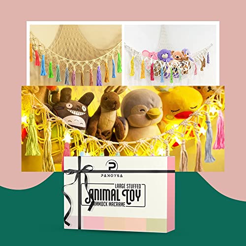 Large Stuffed Animal Toy Storage Hammock 60 Inch Star Light, Stuffed Animals Net or Hammock Macrame Stuff Animal Storage Corner Hanging Net Holder Toy Organizer with Tassel & Hooks for Bedroom,Nursery
