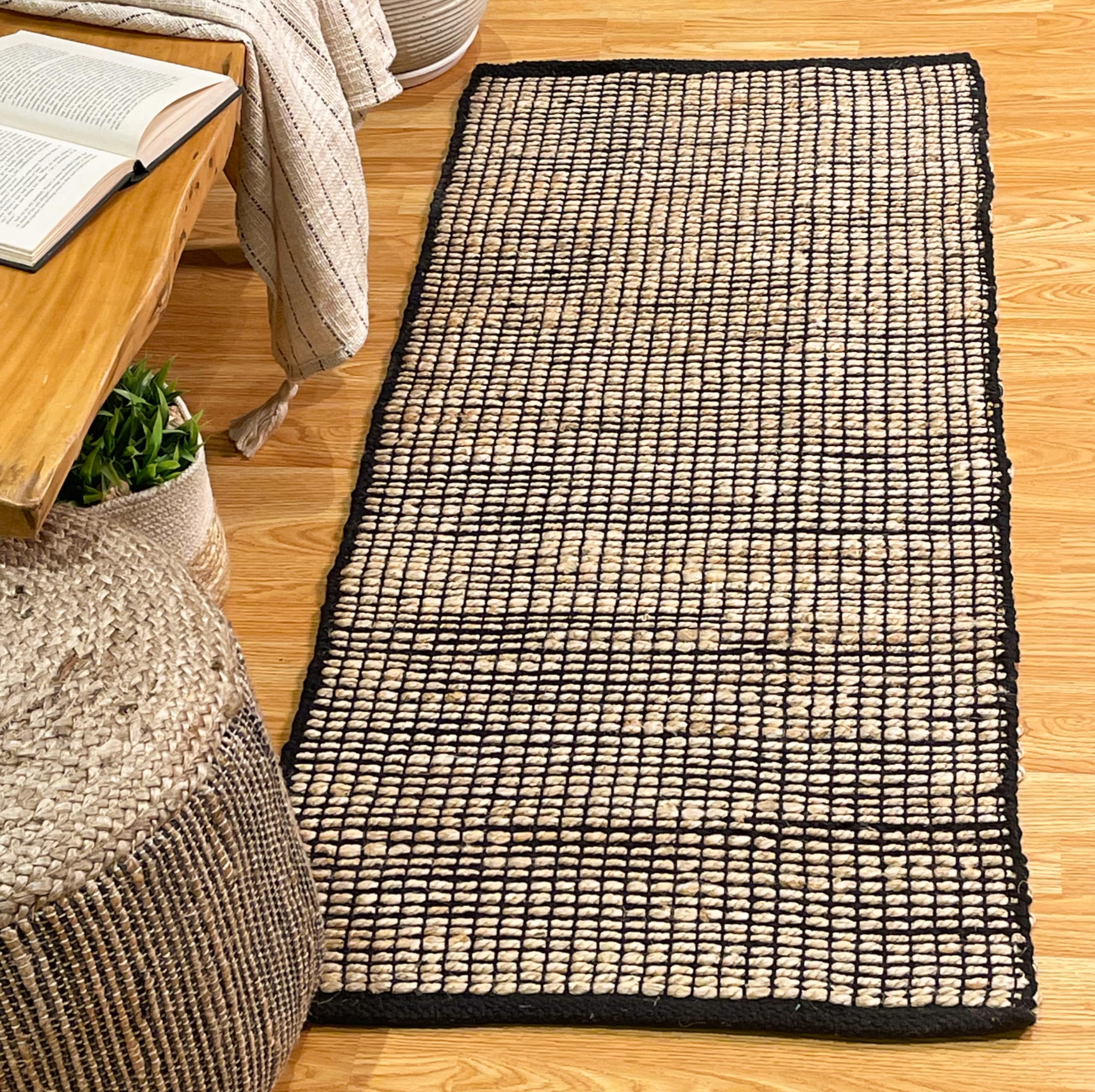 Chardin home Jute Rugs Collection- 2x5 Feet Jute Braids Rug, Boho, Rustic, Natural Jute/Black, Hand Woven Long Runner Rug for Bedroom, Living Room, Kitchen and entryways