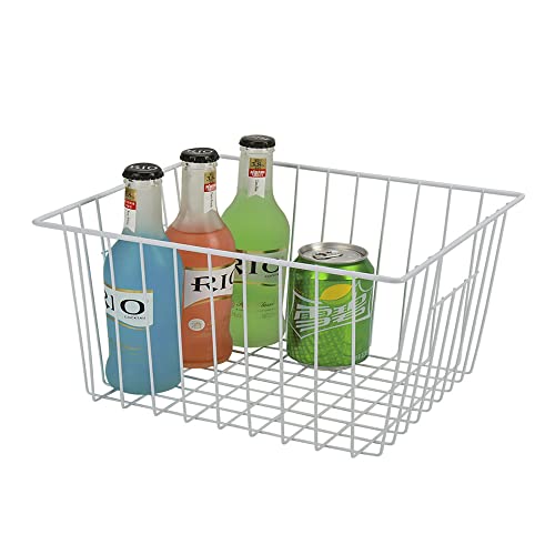 Freezer Organizer Bin, Kitchen Metal Wire Storage Basket, Pantry Cupboard Household Container Divider with Handles, Rustproof - White