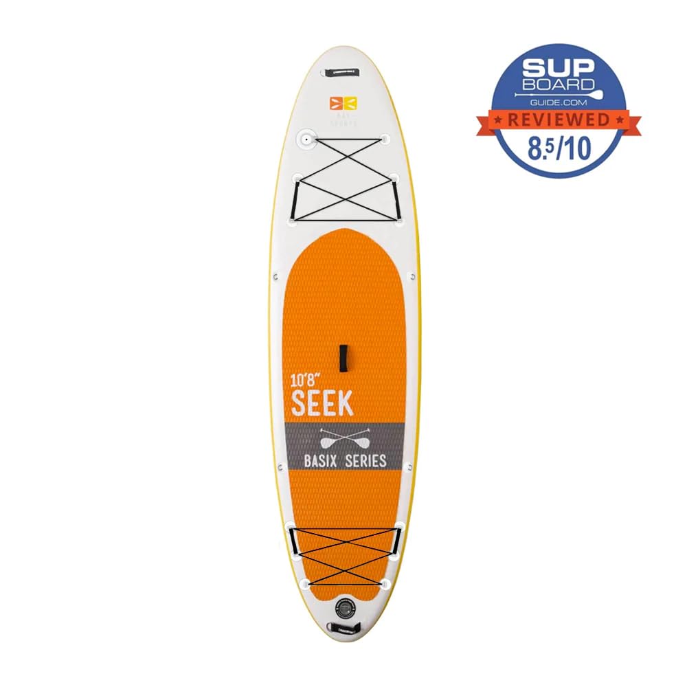 Bay Sports 10'8' Inflatable SUP Board Basix Series iSUP with Performance Fibreglass 3-Piece Adjustable Paddle and 9" Click-in Centre Fin - Designed in Australia (Navy/Turquoise)