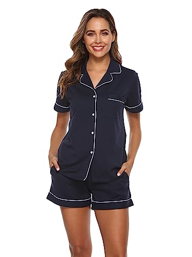 EA'S SECRET Womens Pajamas Set 100% Cotton Soft Short Sleeve Sleepwear Button Down Nightwear Summer Pj Sets S-XXL(Navy Blue,M)