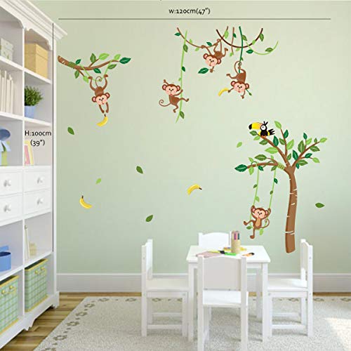 Runtoo Monkey and Tree Wall Decals Animals Jungle Wall Stickers TV Wall Décor for Baby Nursery Kids Bedroom
