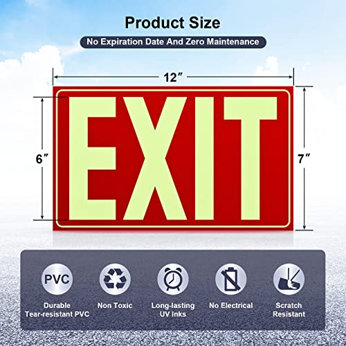 Glow In The Dark Photoluminescent Exit Sign Red - Adhesive Backing β UV Inks On Tear-resistant PVC - Non Electrical - Scratch Resistant -12 x 7 Inches For 50 Feet Visibility (2 Pack)