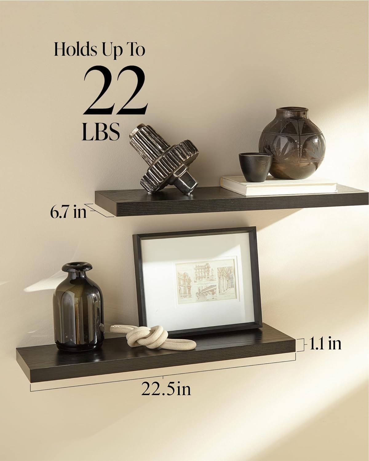 BAYKA Floating Shelves, Wall Mounted Rustic Wood Shelves for Bathroom, Bedroom, Living Room, Kitchen, Office, 22.5" Hanging Shelf for Books/Storage/Room Decor with 22lbs Capacity (Black, Set of 2)