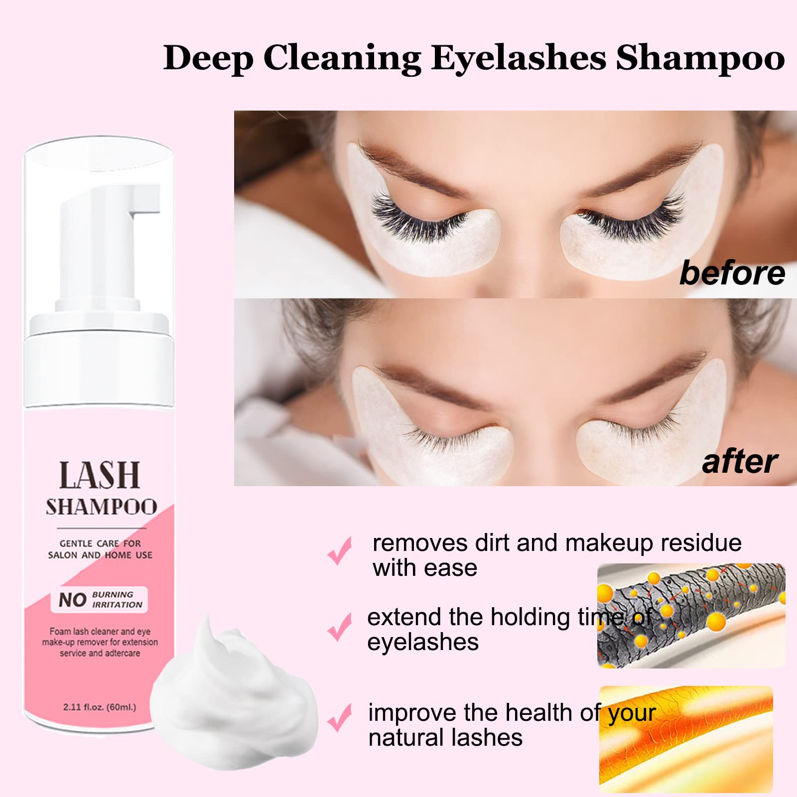 AREMOD 50ml Eyelash Extension Cleanser, Lash Shampoo for Lash Extensions 50pcs Eyelash Brush Cleaning Brush Makeup Remover Pad and Rinse Bottle for Lash Cleaning for Salon Home Use(Pink)