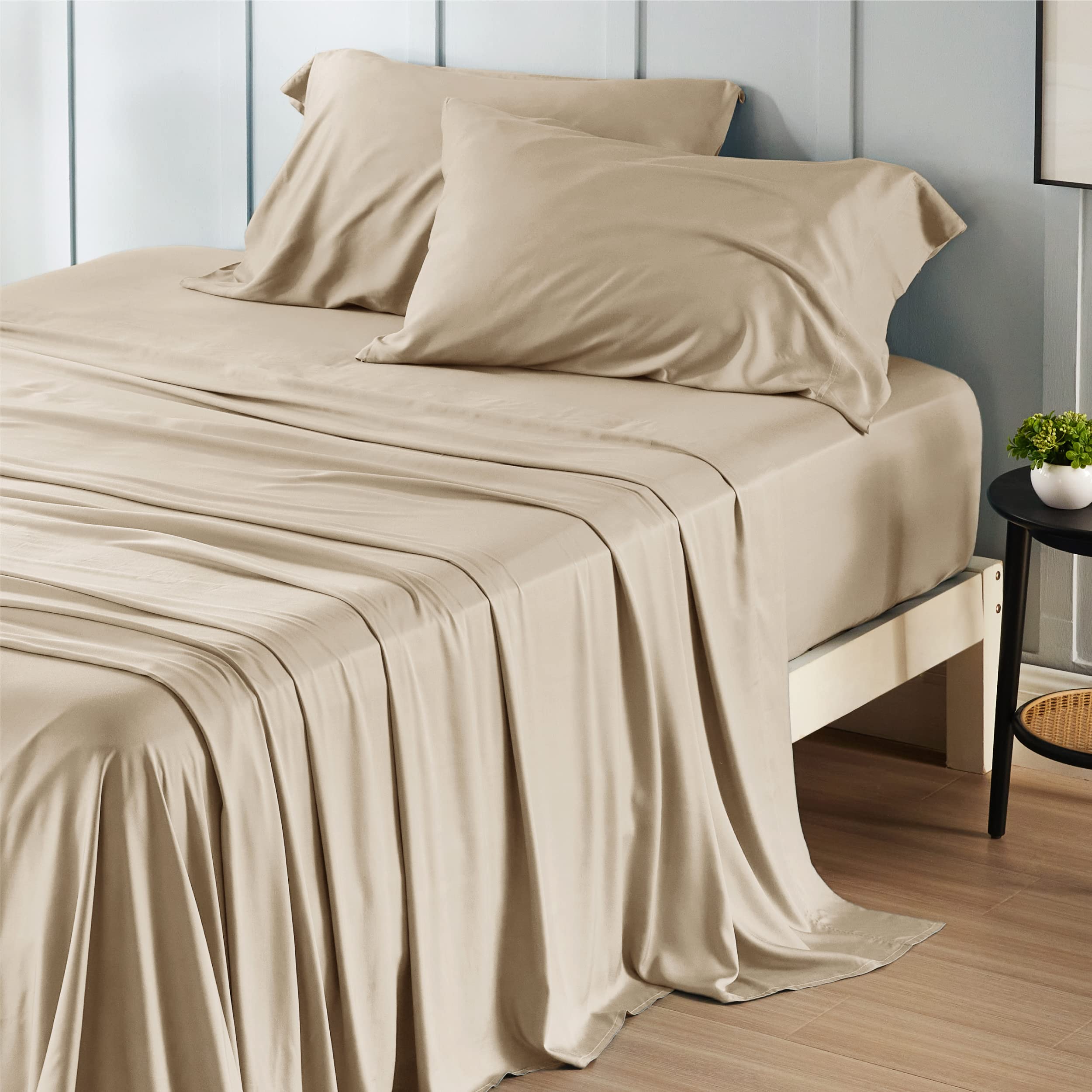 Bedsure King Size Sheet Set, Cooling Sheets King, Rayon Derived from Bamboo, Deep Pocket Up to 16", Breathable & Soft Bed Sheets, Hotel Luxury Silky Bedding Sheets & Pillowcases, Beige