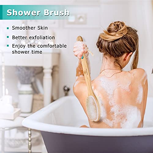 Gunoze Shower Brush Set, Dual-Sided Long Handle Back Scrubber with Soft and Stiff Bristles, and 2 Pack Dry Brushing Body Brush for Wet or Dry Brushing, Shower Body Exfoliating for Radiant Skin