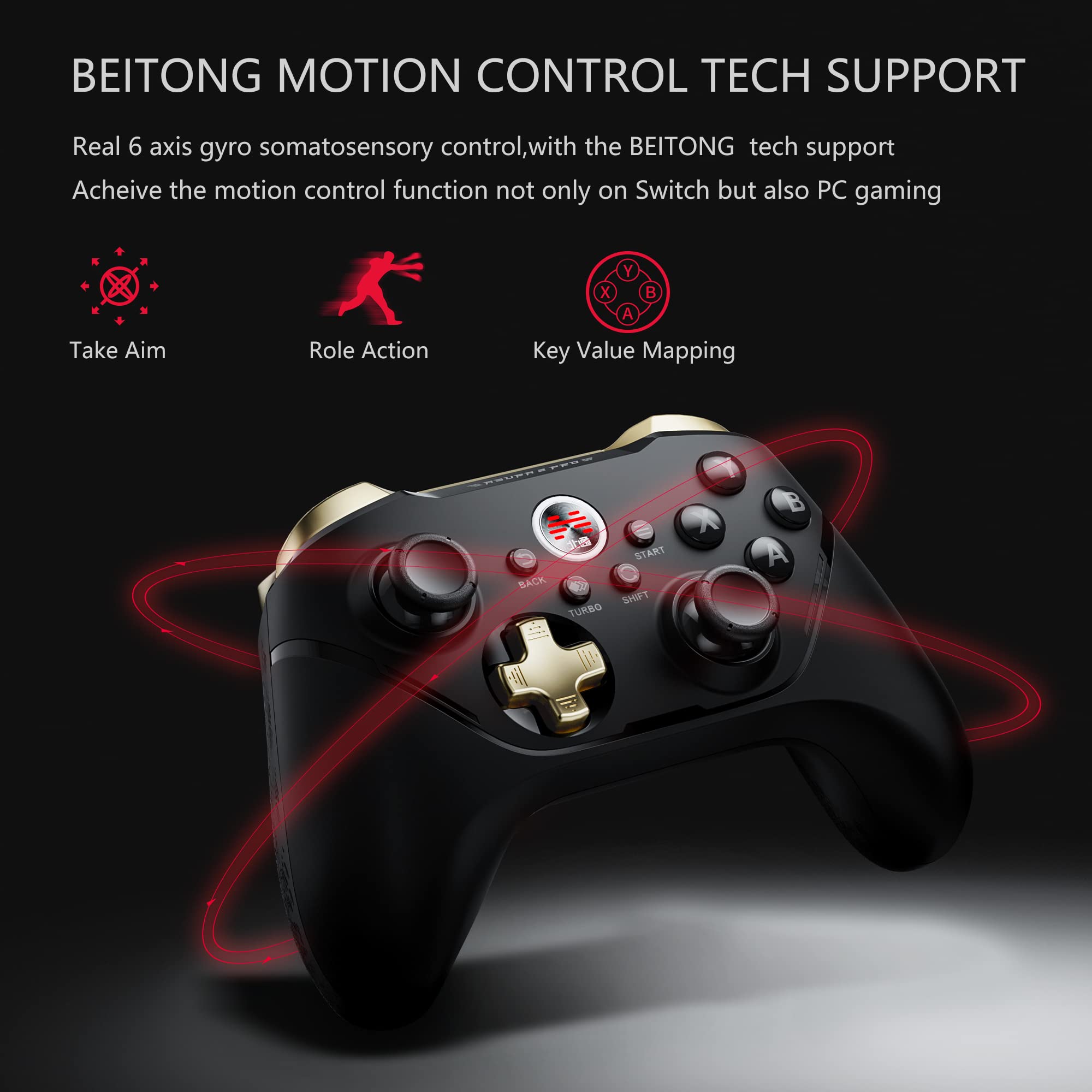 BEITONG Asura2 Pro PC Switch Game Controller Wireless Gamepad For Nintendo Switch/Lite/OLED/Android Steam Gaming,Somatosensory Control/2 Custom Buttons/Programmable/Deadzone Adjustable Black Gold