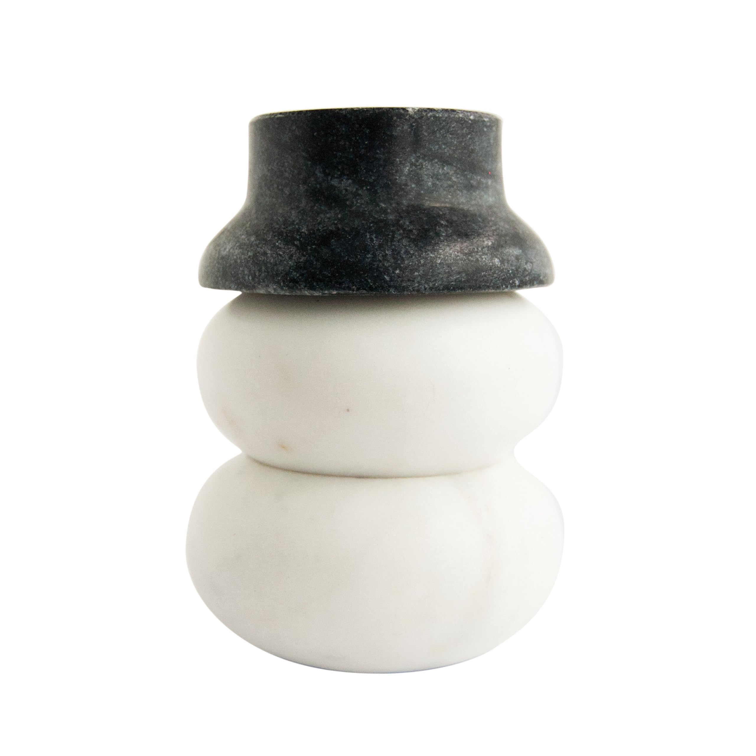 Creative Co-Op 3-Level Marble Snowman Shaped Pinch Pots with Hat Lid, White and Black