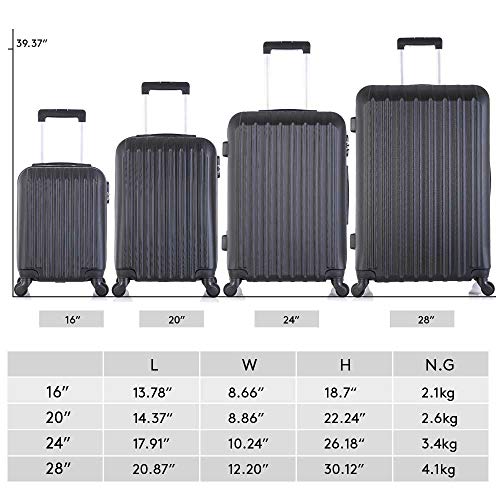 Fridtrip 4 Piece Luggage Sets Hard Shell Lightweight ABS Luggage Suitcase with Durable Spinner Wheels 16" 20" 24" 28" (Black)