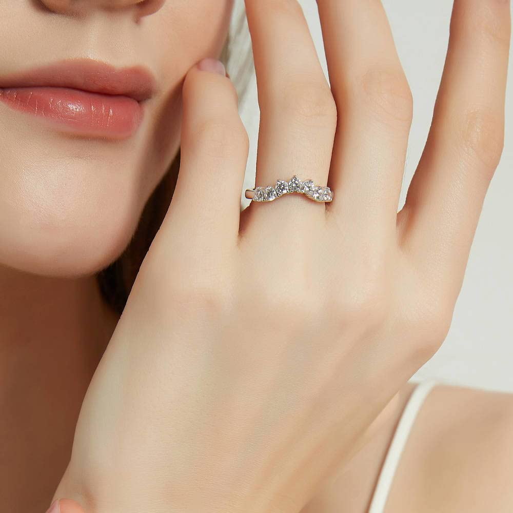 BERRICLE Sterling Silver 7-Stone Wedding Rings Cubic Zirconia CZ Wishbone Anniversary Curved Half Eternity Ring for Women, Rhodium Plated Size 5.5