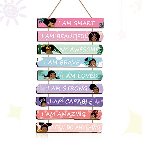 Yookeer Set of 9 Black Girl Wall Art Decor Wood Motivational Girl Room Wall Art Rainbow Color Positive Inspirational Wall Hanging Sign for Baby Kids Teen Present Bedroom Nursery Decoration